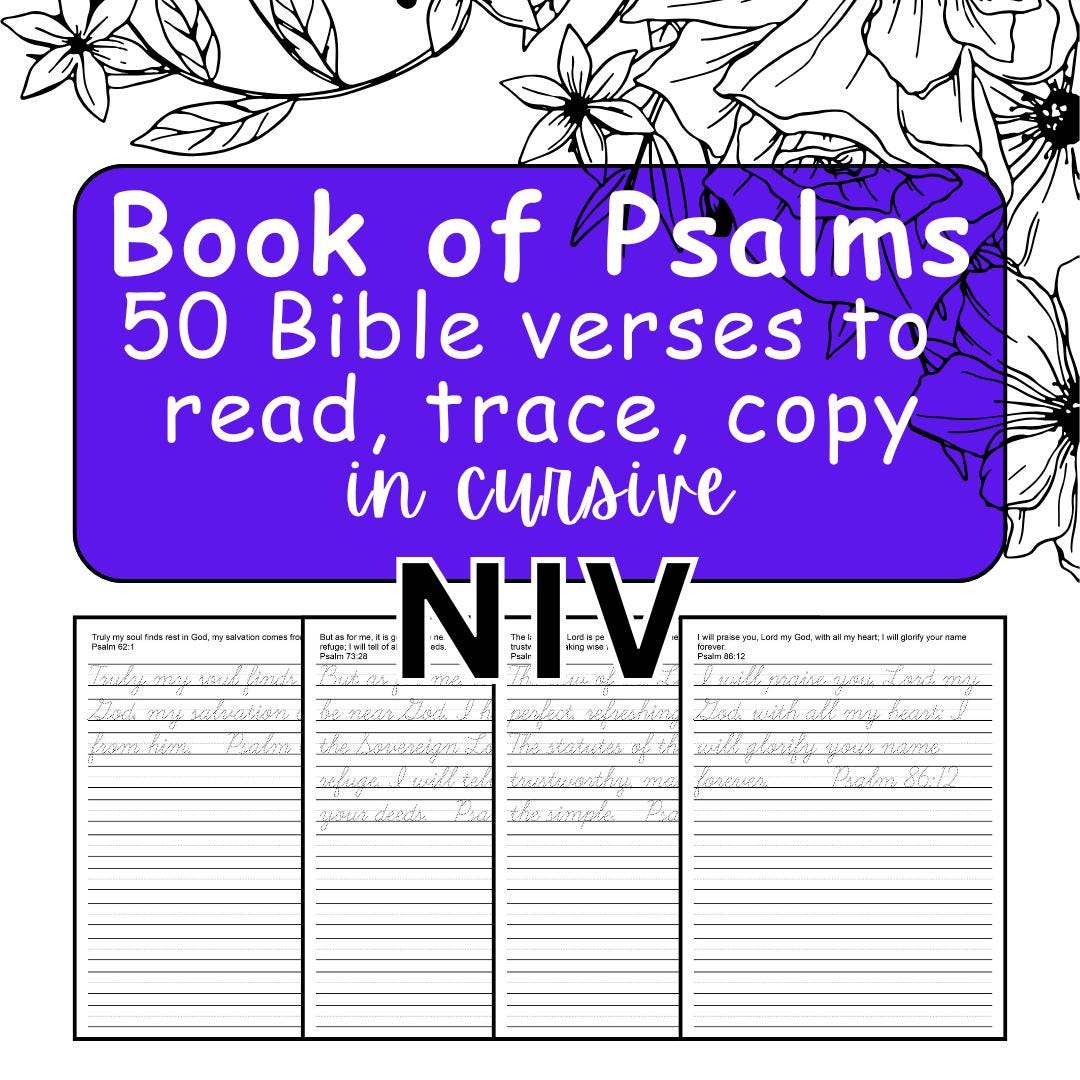 Cursive Copywork Book, 50 Psalms NIV Bible Verses, Scripture Tracing ...