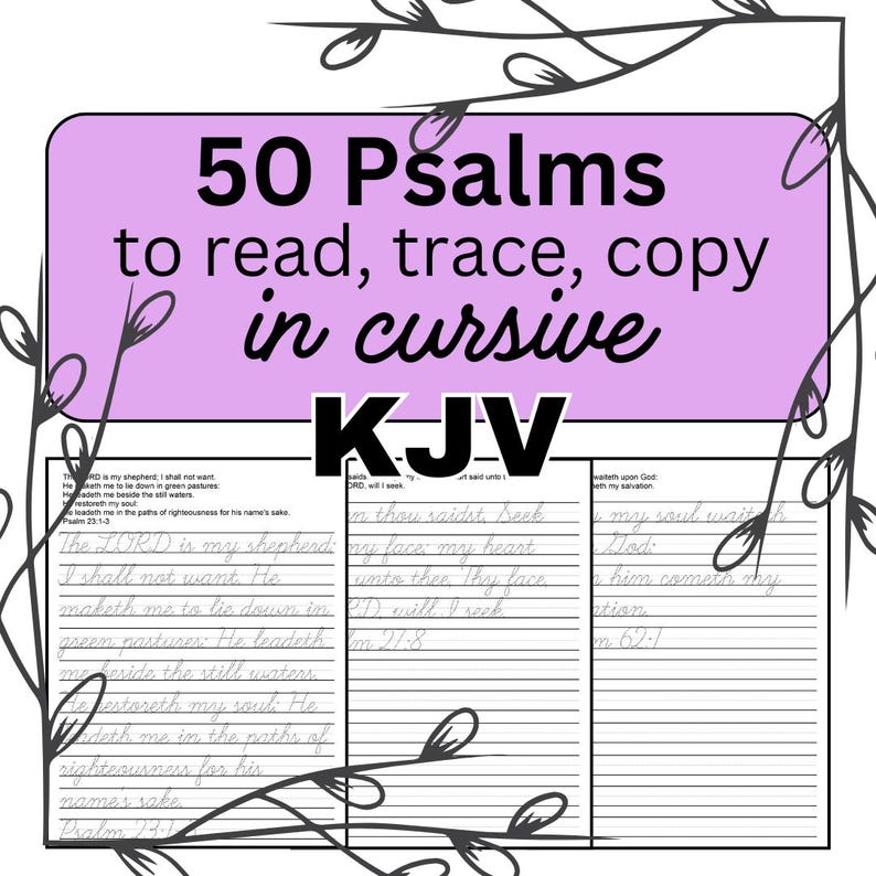 Cursive Copywork Book - 50 Psalms KJV Bible Verses - Scripture Tracing ...