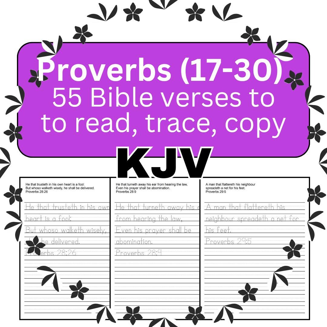 Dotted Primary Copywork Book, Proverbs 17-30 55 KJV Bible Verses, Guided Tracing, Beginner ...