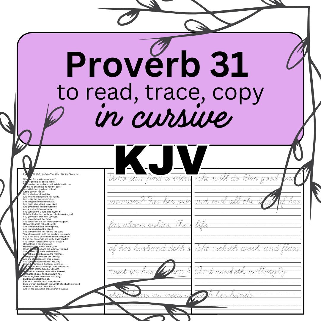 Cursive Copywork Book, Proverbs 31 KJV Bible Verses, Scripture Tracing, Handwriting Practice ...