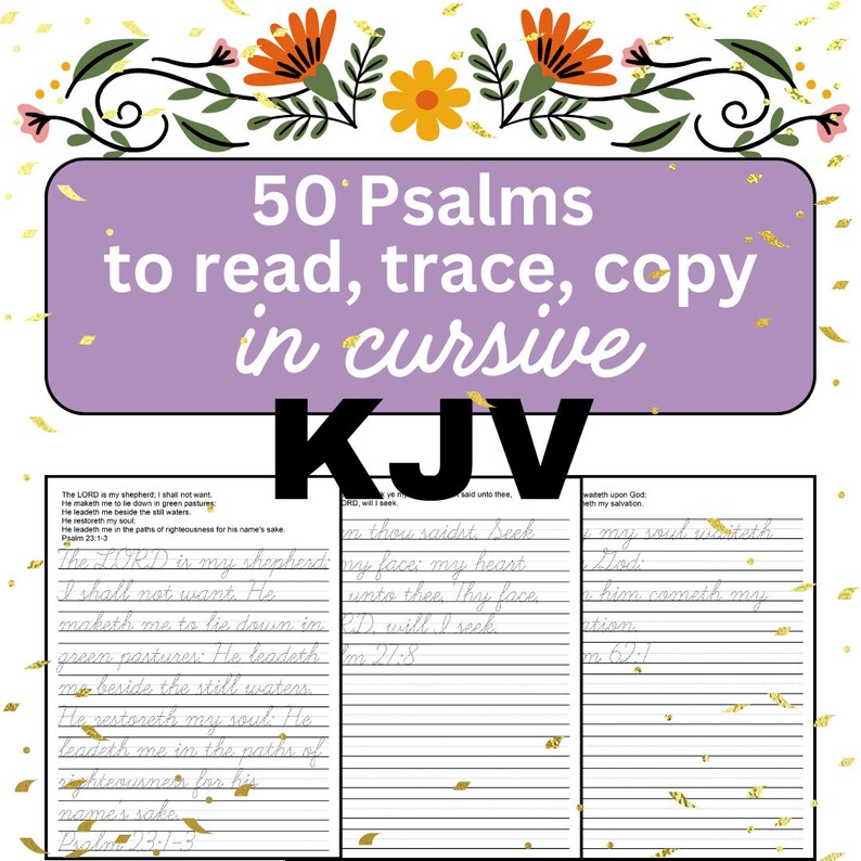 Cursive Copywork Book - 50 Psalms KJV Bible Verses - Scripture Tracing ...