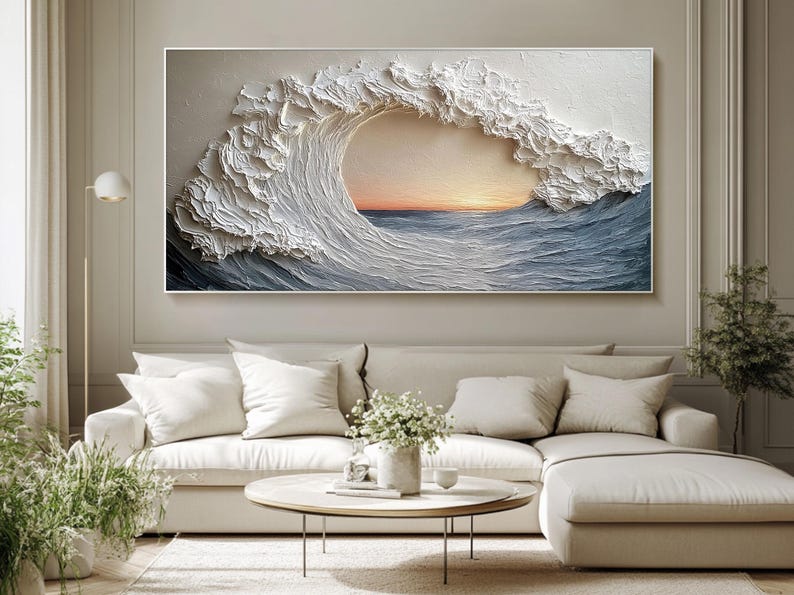 Textured Wave Wall Art Large 3D Ocean Oil Painting Sunset Seascape ...