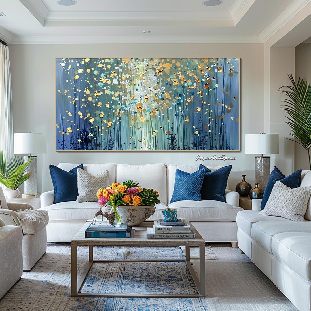 Abstract Oil Painting on Canvas Original Abstract Texture Wall Art Large Blue Golden Wall Art ...