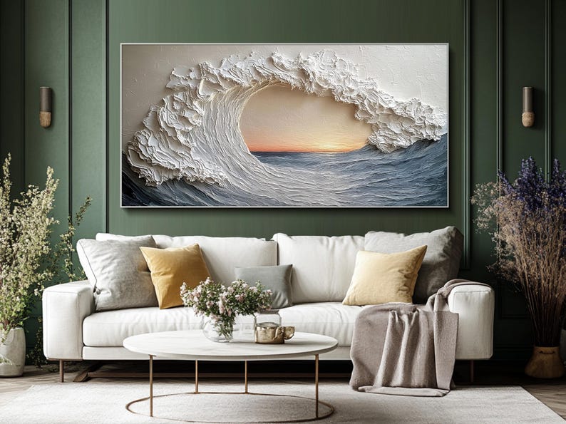 Textured Wave Wall Art Large 3D Ocean Oil Painting Sunset Seascape ...