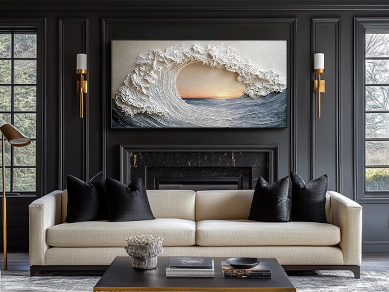 Textured Wave Wall Art Large 3D Ocean Oil Painting Sunset Seascape ...