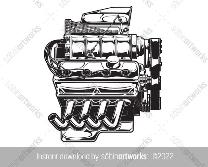 Car Engine Illustration, Supercharged Hot Rod Engine, Modified Muscle ...