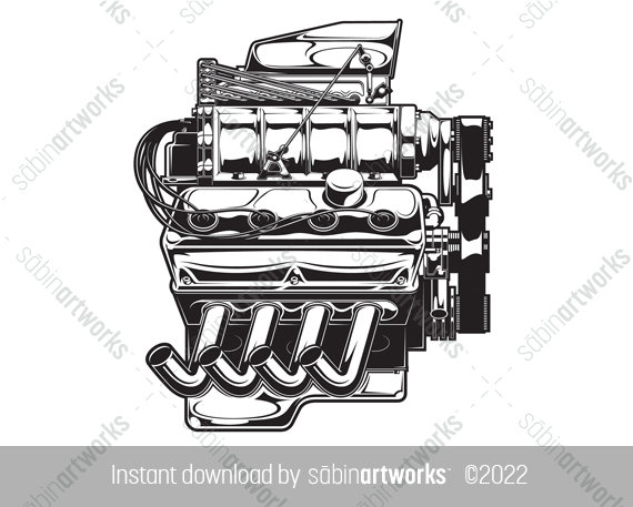 Car Engine Illustration, Supercharged Hot Rod Engine, Modified Muscle ...