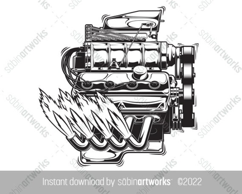 Car Engine Illustration, Supercharged Hot Rod Engine, Modified Muscle ...