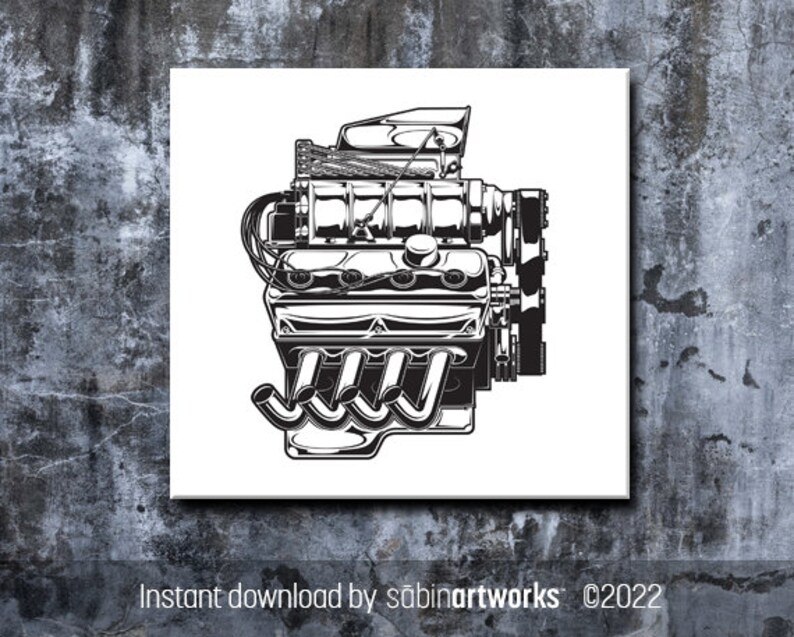 Supercharged Car Engine Illustration, Hot Rod Motor SVG (instant ...