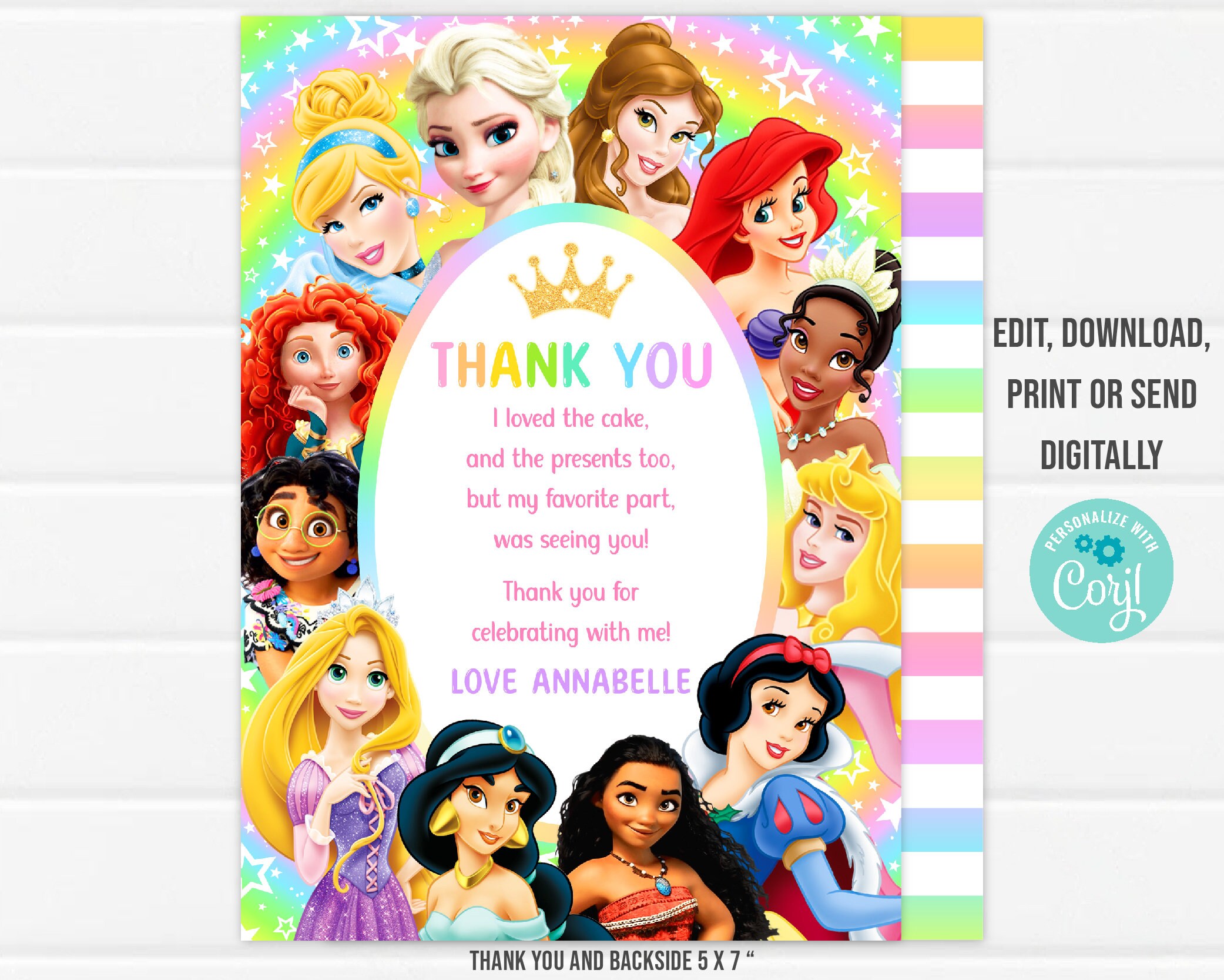 Editable Princess Birthday Thank You Card Princess Birthday Party Thank ...
