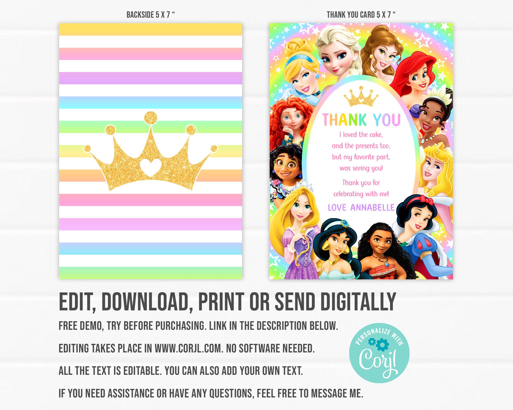 Editable Princess Birthday Thank You Card Princess Birthday Party Thank ...