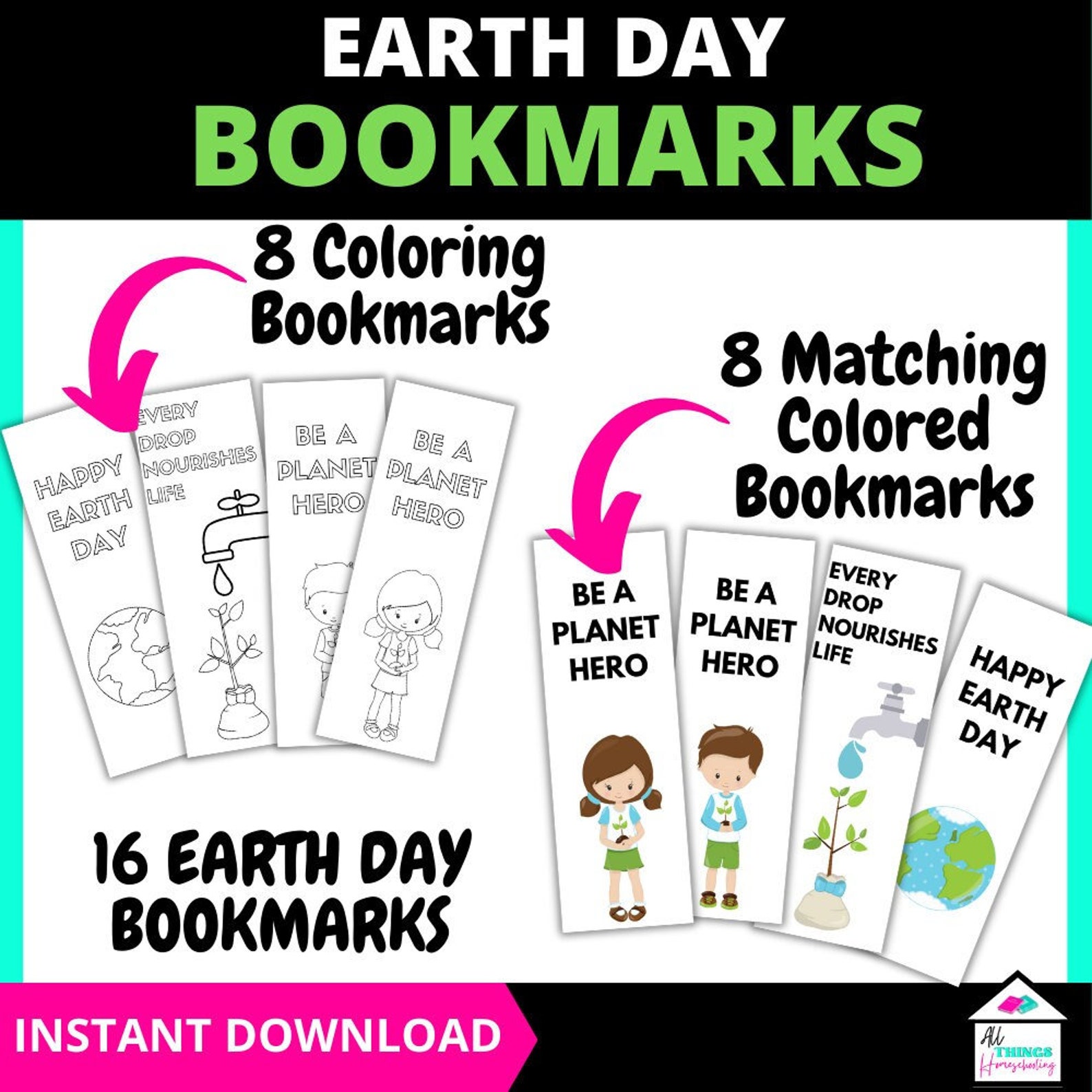 Earth Day Bookmarks Set - 16 Coloring & Colored Bookmarks, Earth Day ...