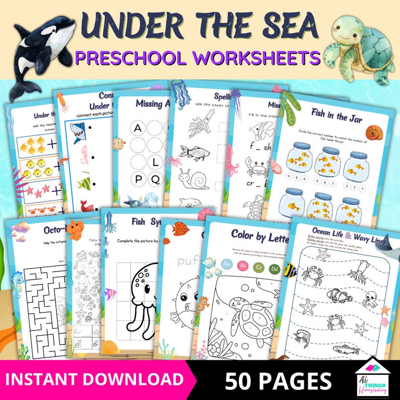 Under the Sea Preschool Worksheet Set - 50 Printable Activities for ...