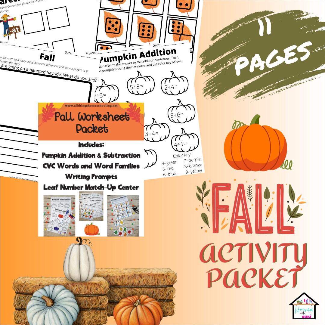 Fall Fun Worksheet Packet for Kindergarten: Math, CVC Words, Word ...
