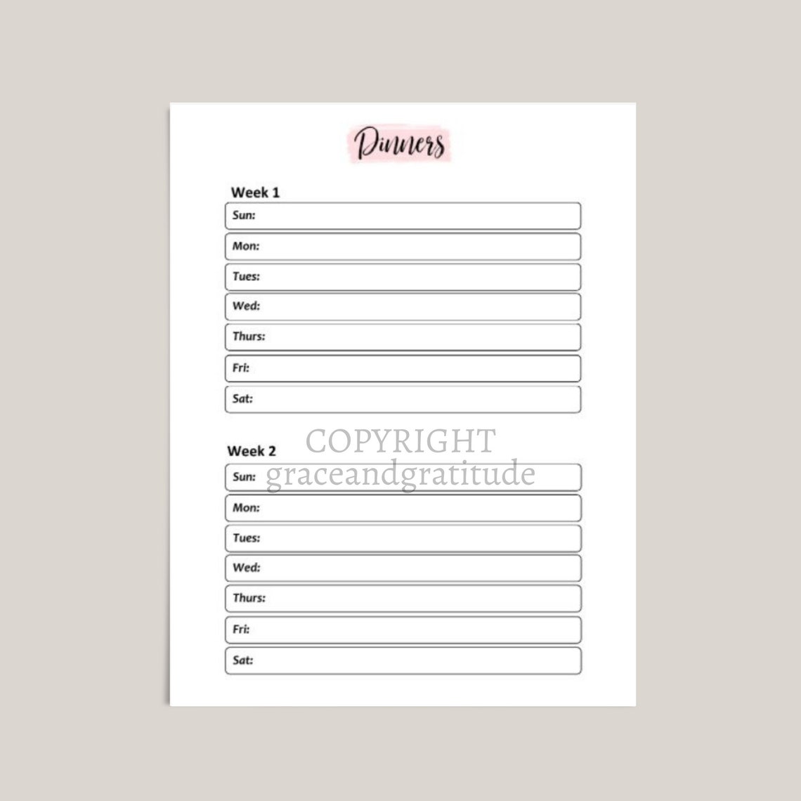 Dinner Planning Printout - Weekly Planner for Meals - Dinner Schedule ...