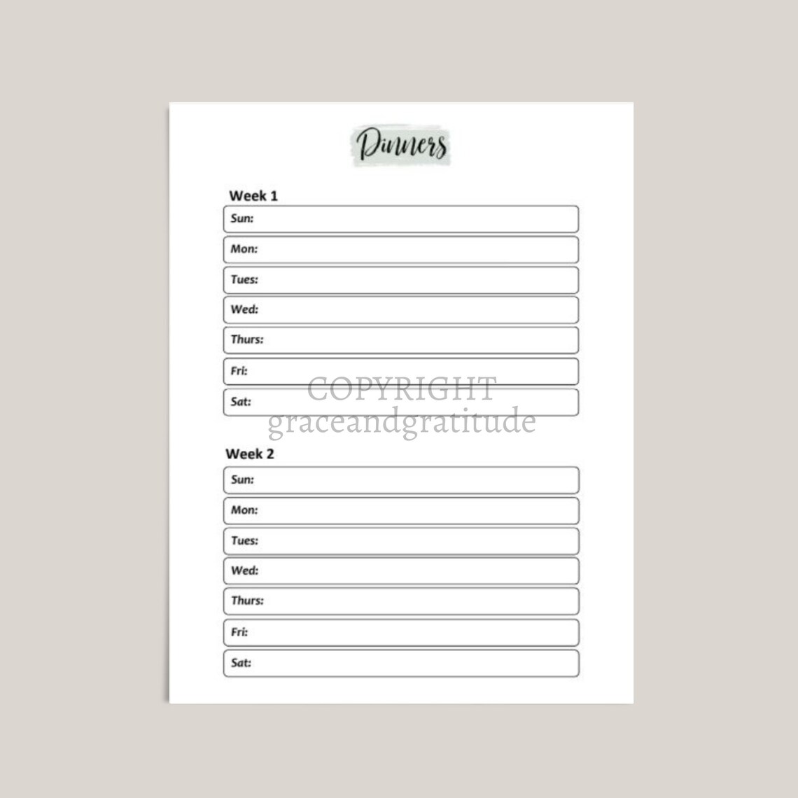 Dinner Planning Printout - Weekly Planner for Meals - Dinner Schedule ...