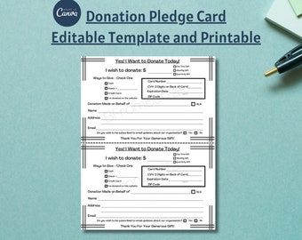 Editable Donation Card Printable Pledge Form, Donation Form, Donation ...