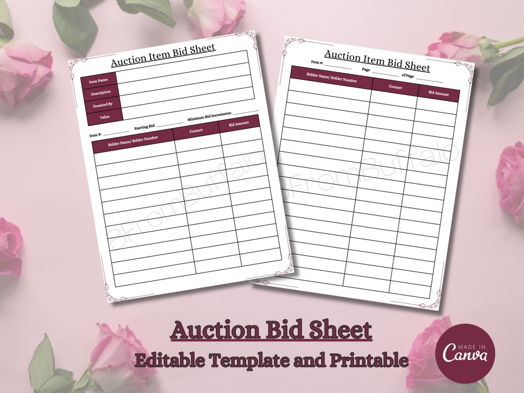Silent Auction Bid Sheet Canva, Auction Bid Sheet, Auction Item ...