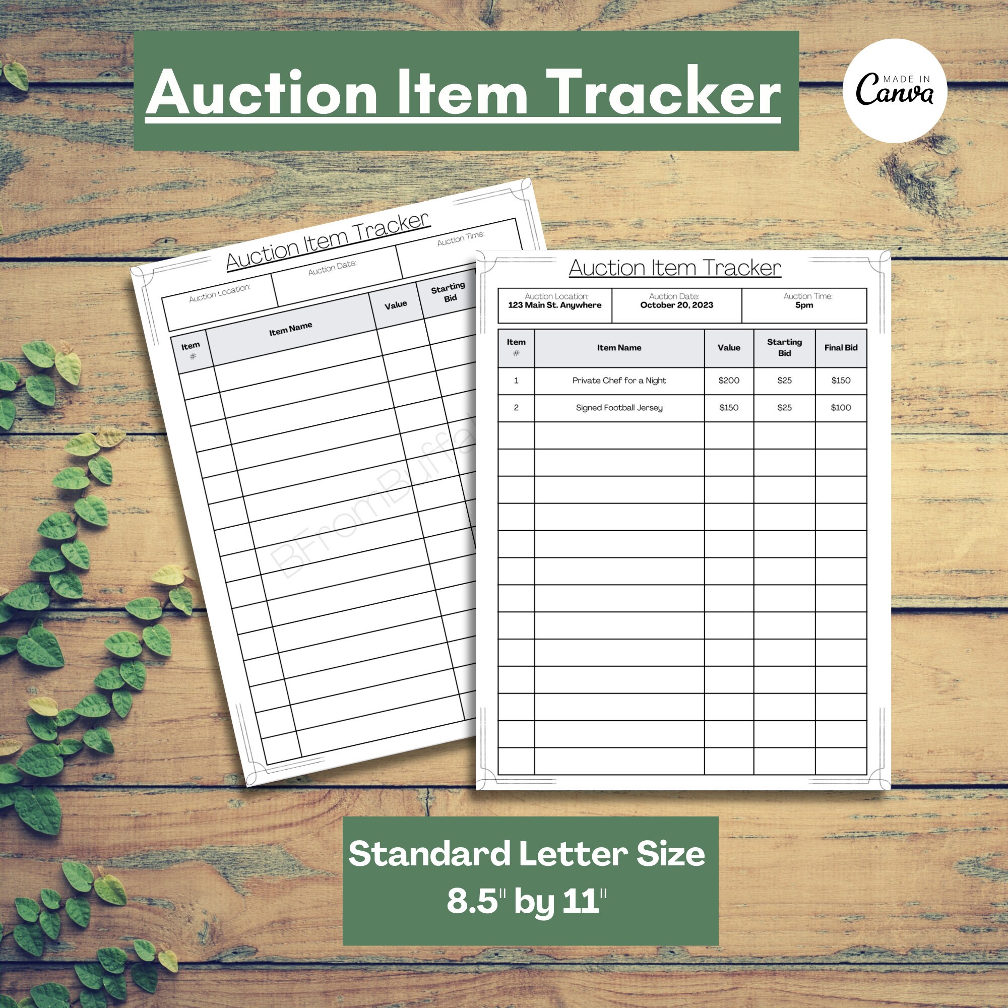 Silent Auction Bundle: Bid Sheet, Item Tracker, Tags (canva Template ...