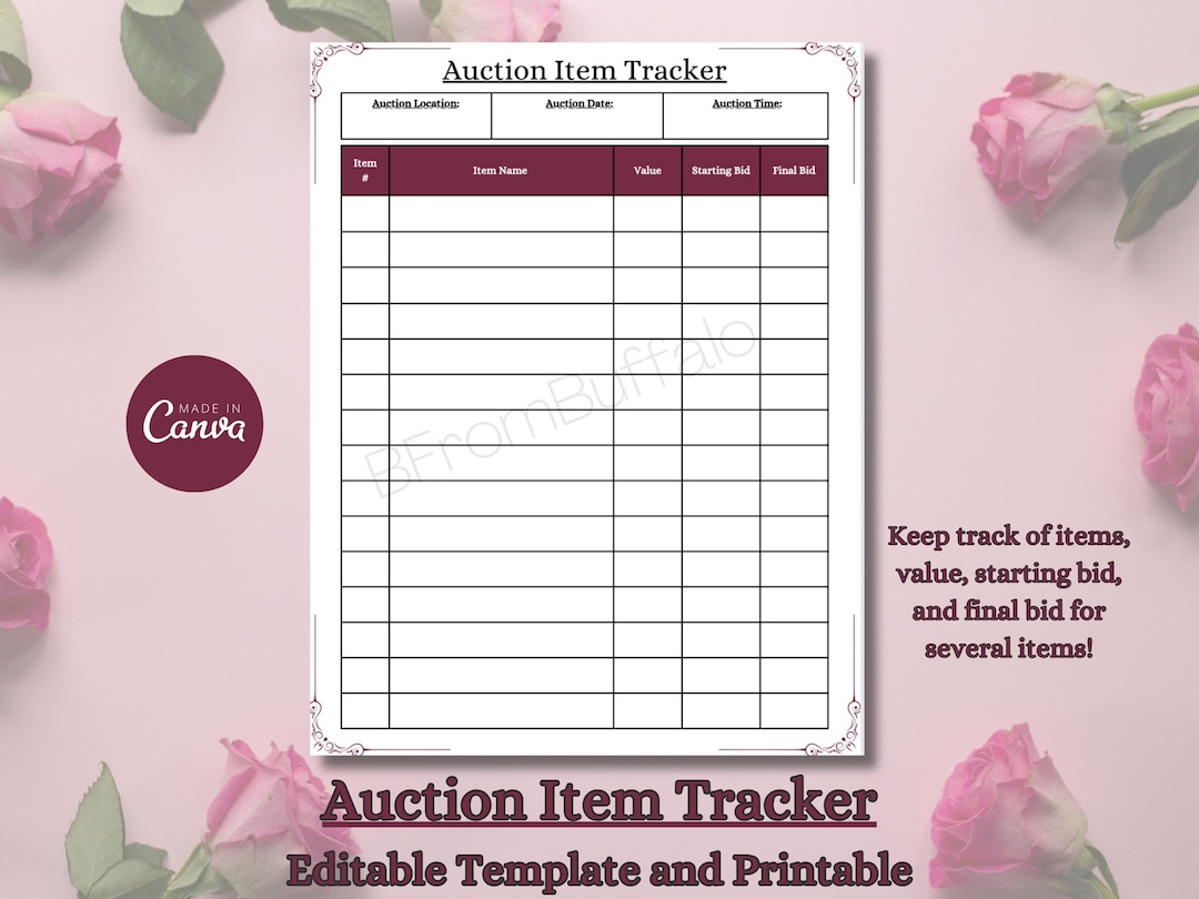 Auction Item Tracker, Auction Template, Auction Sheet, Auction Supplies ...