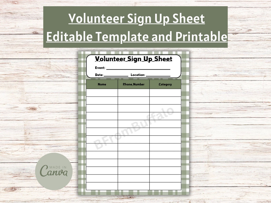 Editable Volunteer Sign up Sheet Template (digital Download) - Etsy