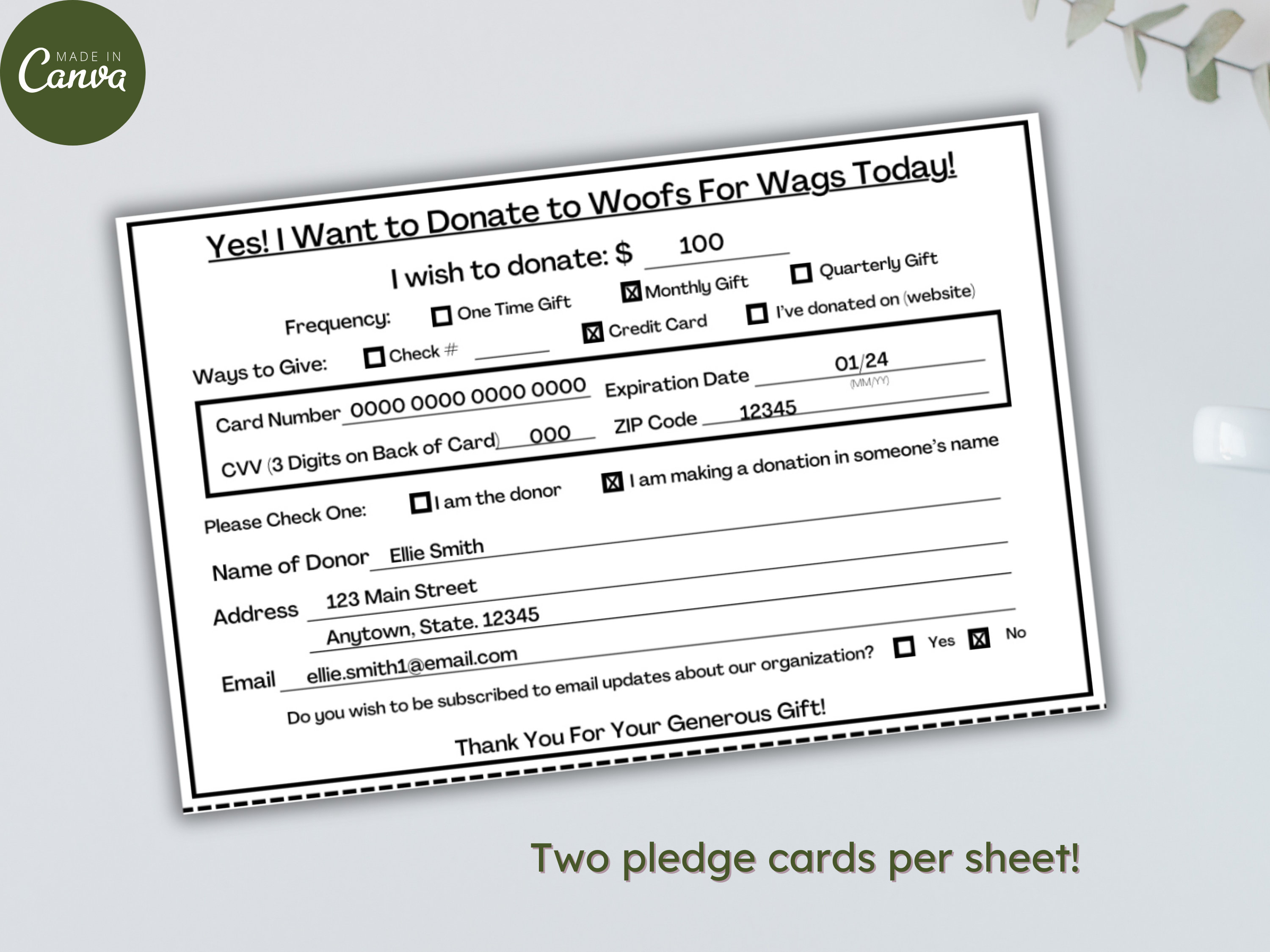 Pledge Card, Pledge Form, Donation Pledge Card, Donation Made in Your ...