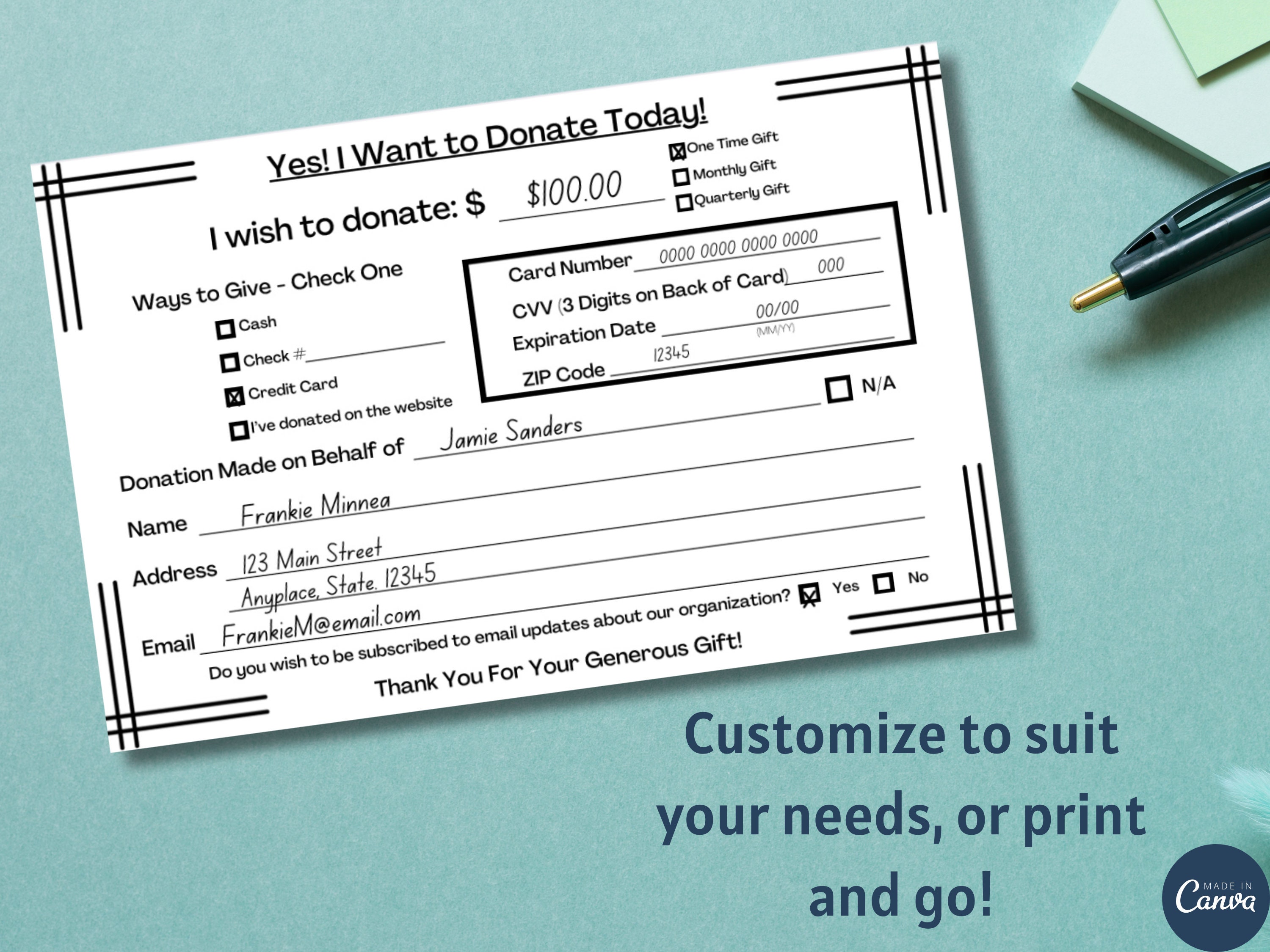 Donation Pledge Card Template: Editable Printable Form - Etsy