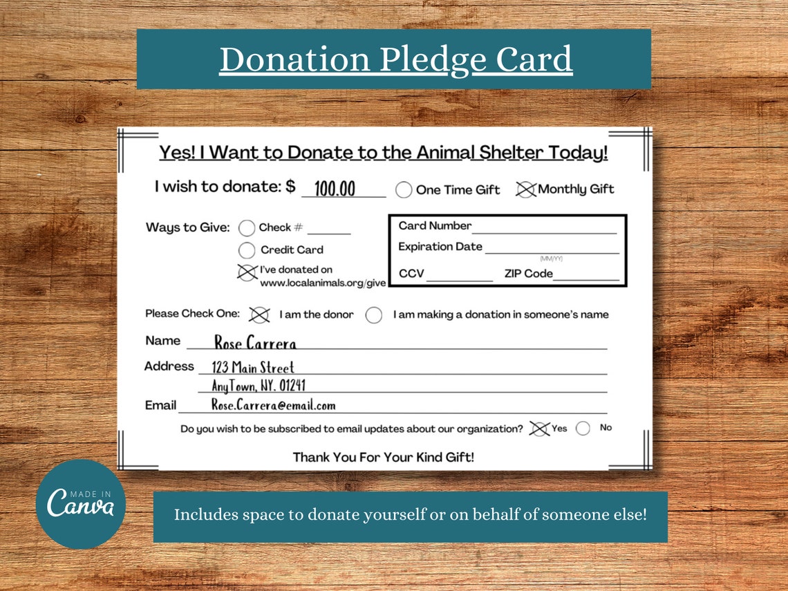 Donation Pledge Card, Donation Made in Your Name, Donation Certificate, Donation Card, Nonprofit ...