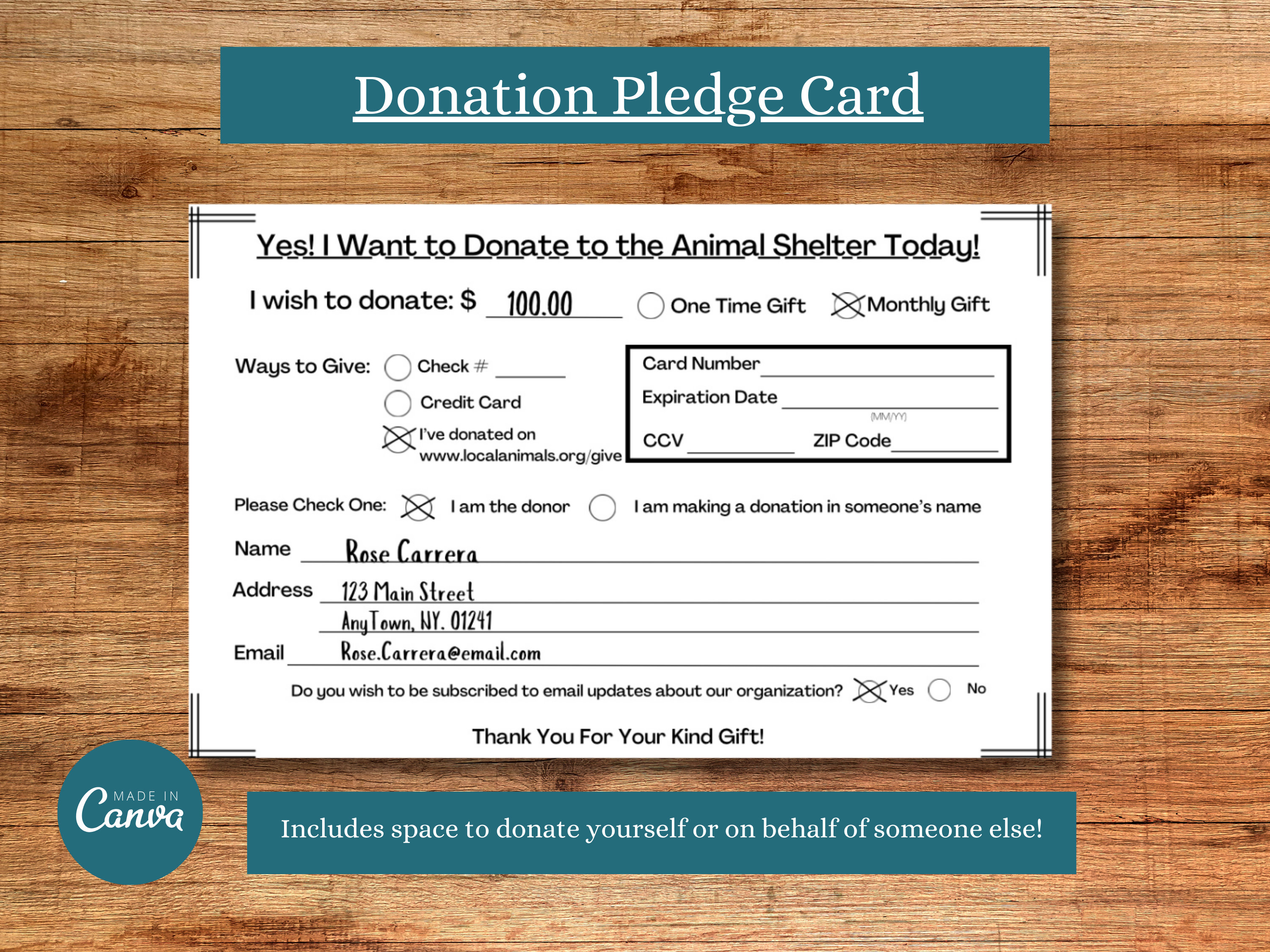 Donation Pledge Card, Donation Made in Your Name, Donation Certificate ...