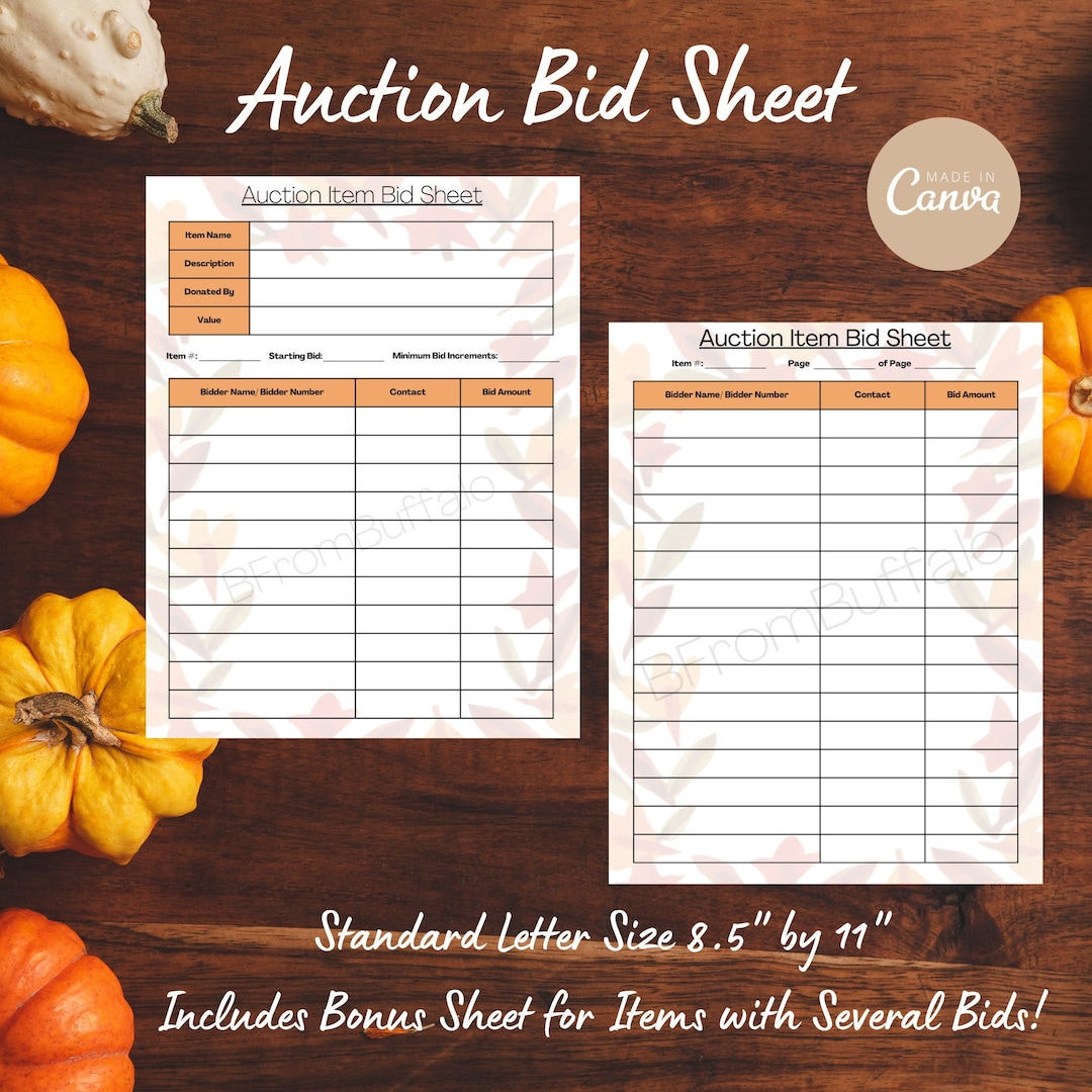 Auction Bid Sheet Canva Template: Silent Auction Supplies (digital ...