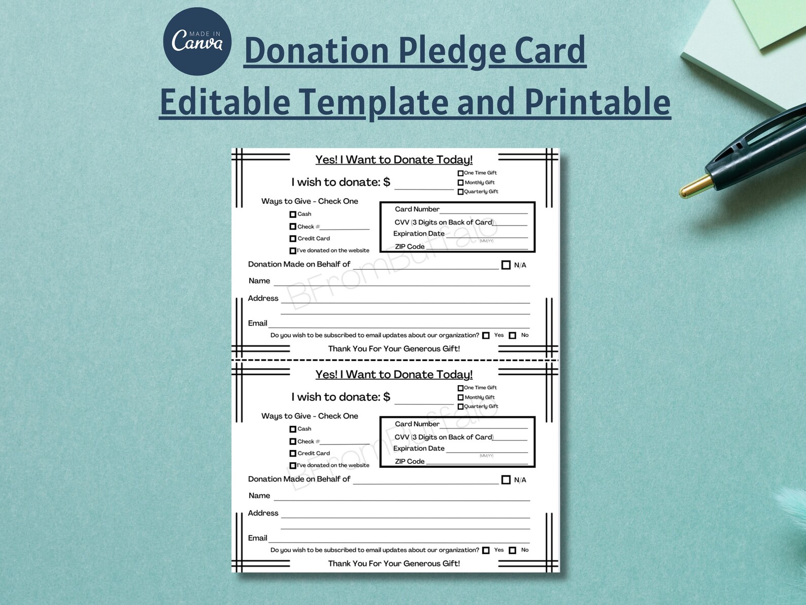 Donation Pledge Card Template: Editable Printable Form - Etsy