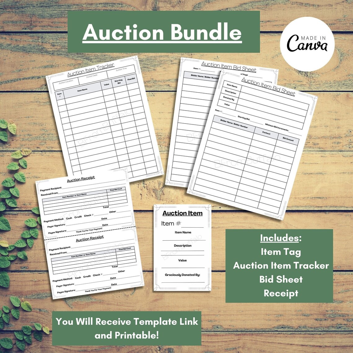 Silent Auction Bundle: Bid Sheet, Item Tracker, Tags (canva Template ...