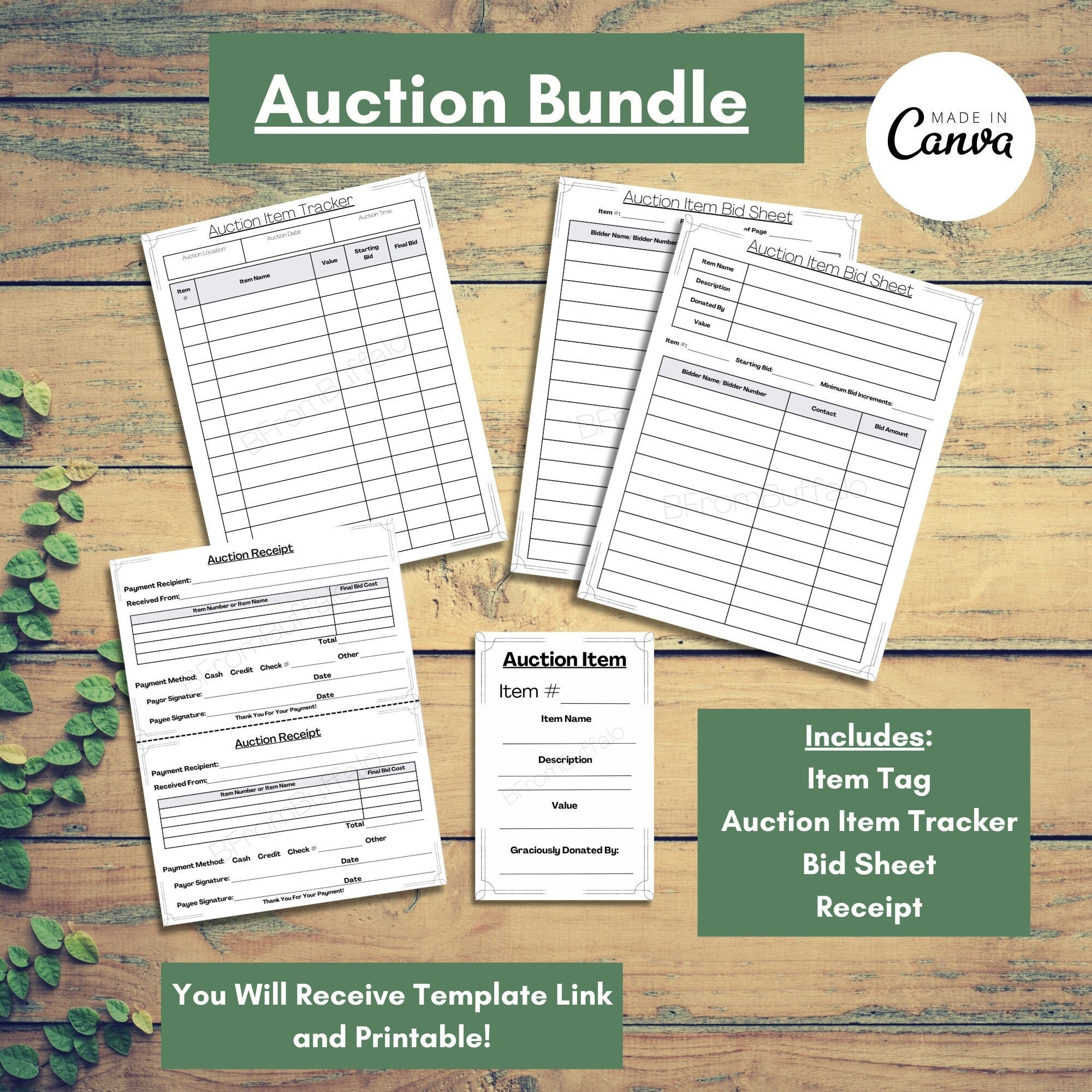 Silent Auction Bundle: Bid Sheet, Item Tracker, Tags (canva Template ...