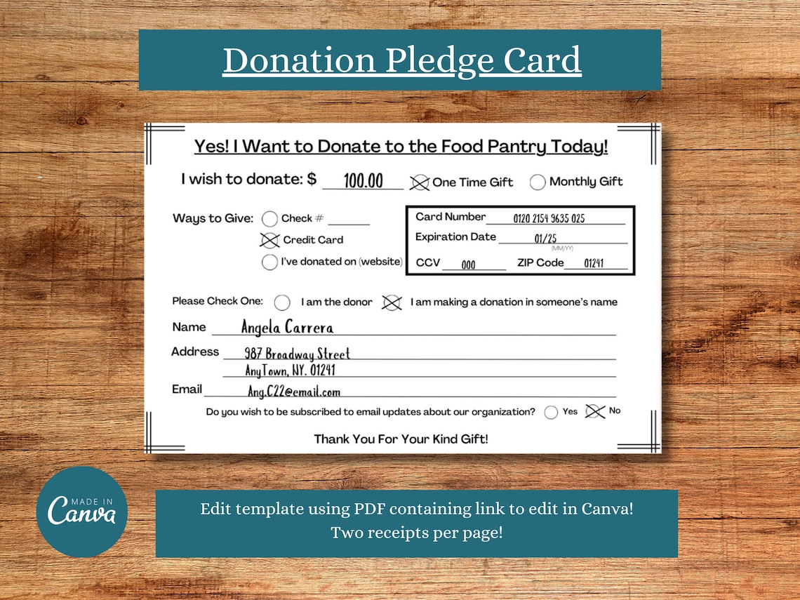 Donation Pledge Card, Donation Made in Your Name, Donation Certificate, Donation Card, Nonprofit ...