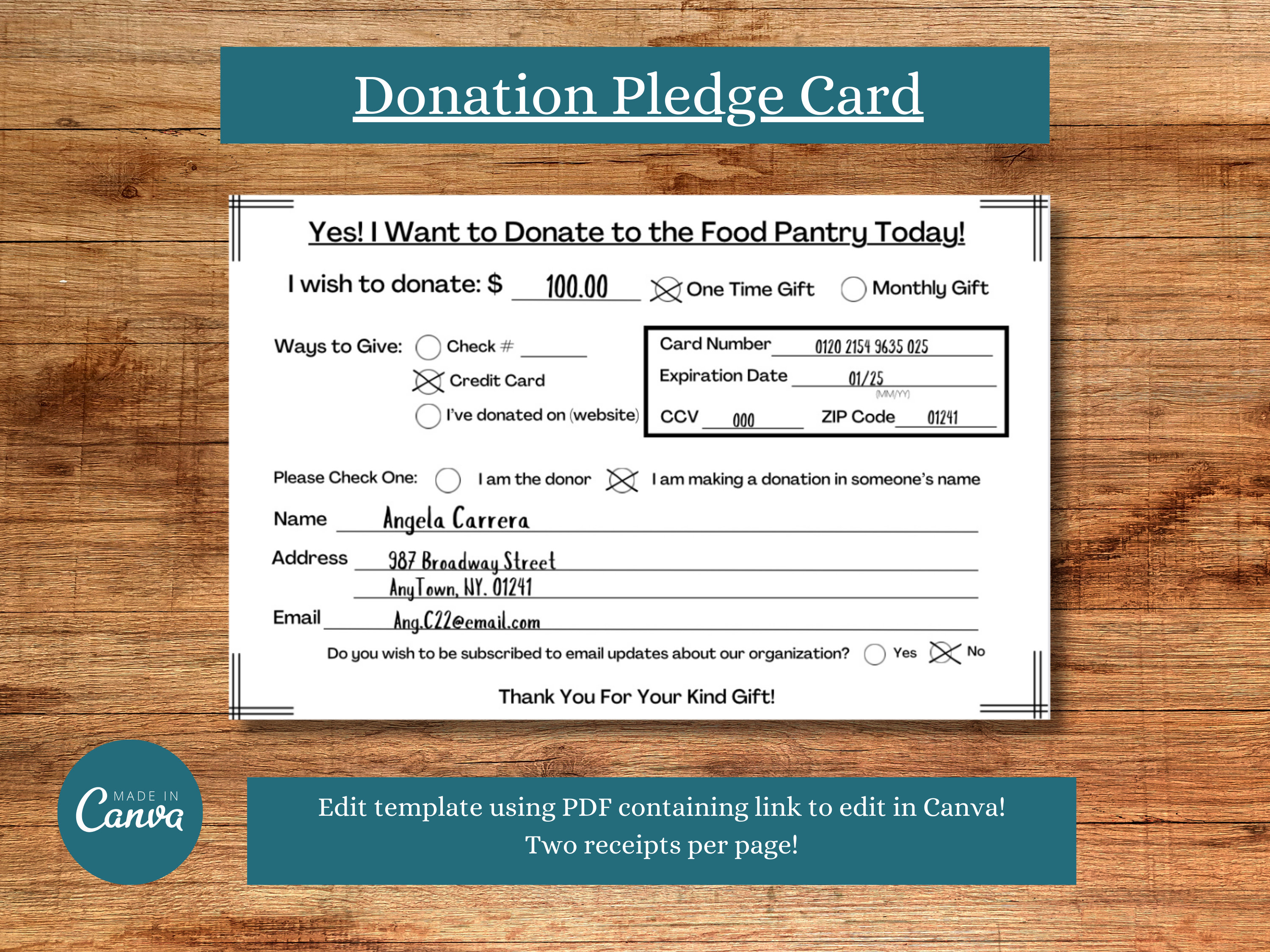 Donation Pledge Card, Donation Made in Your Name, Donation Certificate ...