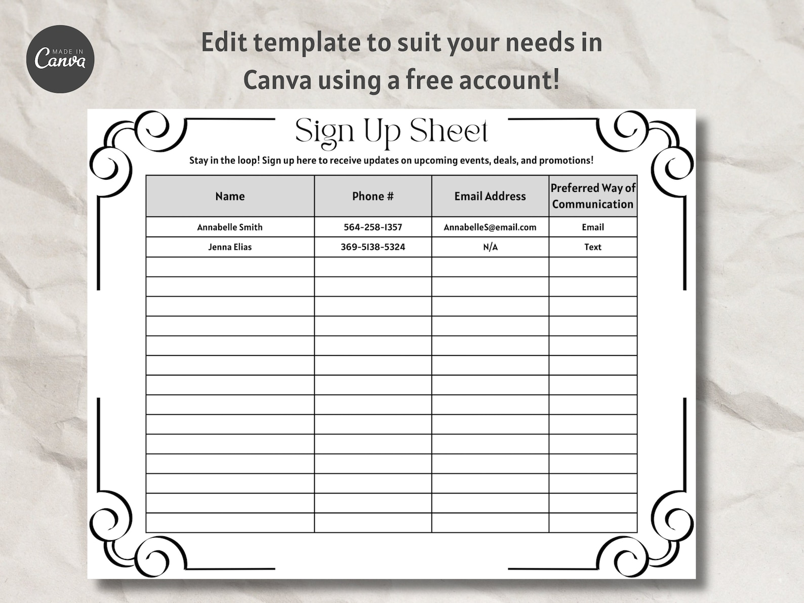 Sign up Sheet Printable, Sign up Sheet Template, Editable Sign up Sheet ...