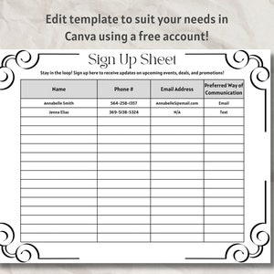 Sign up Sheet Printable, Sign up Sheet Template, Editable Sign up Sheet ...