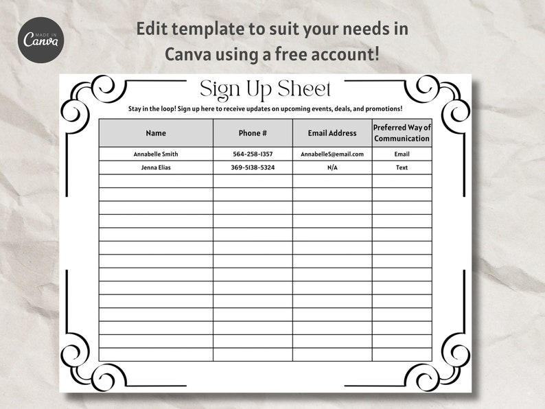 Sign up Sheet Printable, Sign up Sheet Template, Editable Sign up Sheet ...