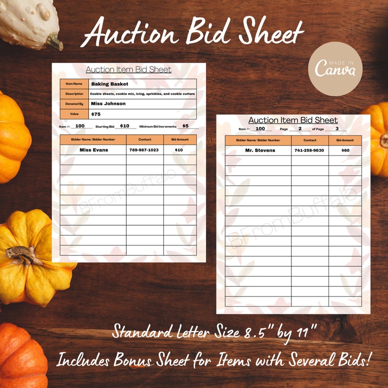 Auction Bid Sheet Canva Template: Silent Auction Supplies (digital ...
