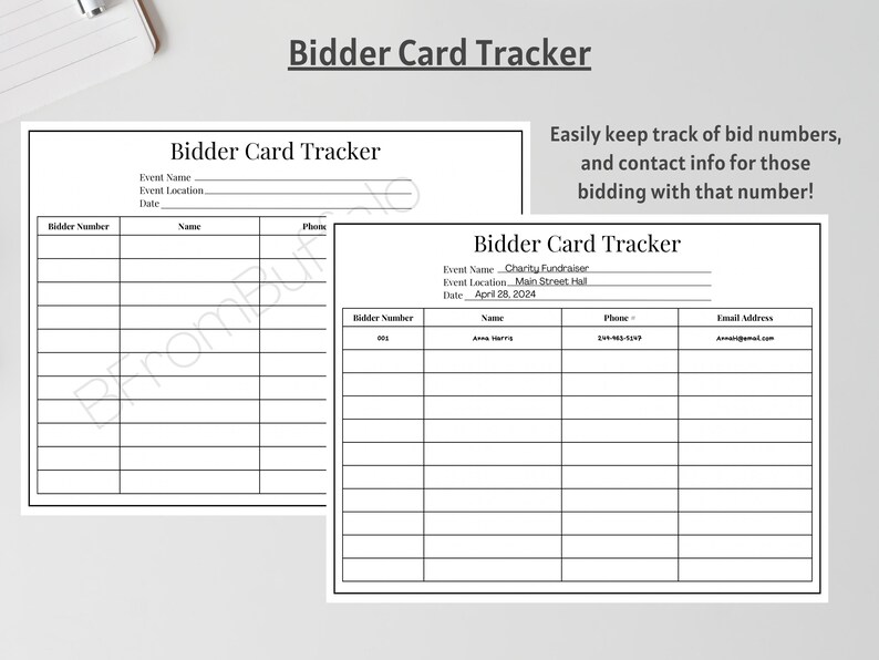 Auction Bid Card, Auction Bid Numbers, Silent Auction Forms, Auction ...