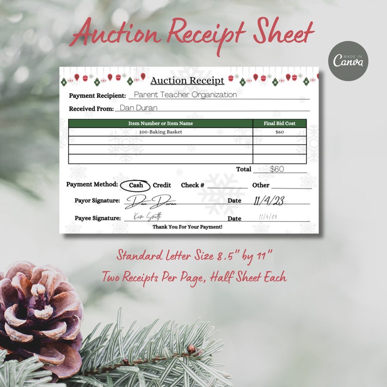 Auction Receipt Template, Item Sheet (canva Template) - Etsy