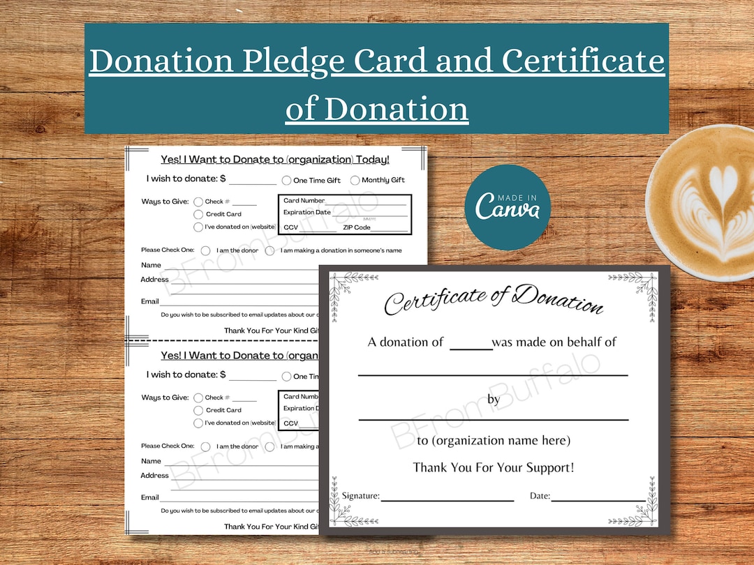 Donation Pledge Card, Donation Made in Your Name, Donation Certificate ...