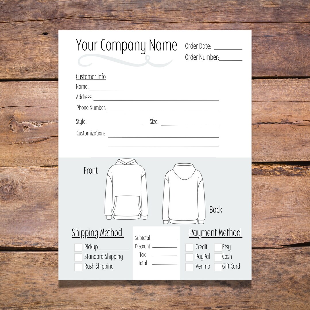 Apparel Order Form Shirt Order Form Sales Invoice Printable - Etsy