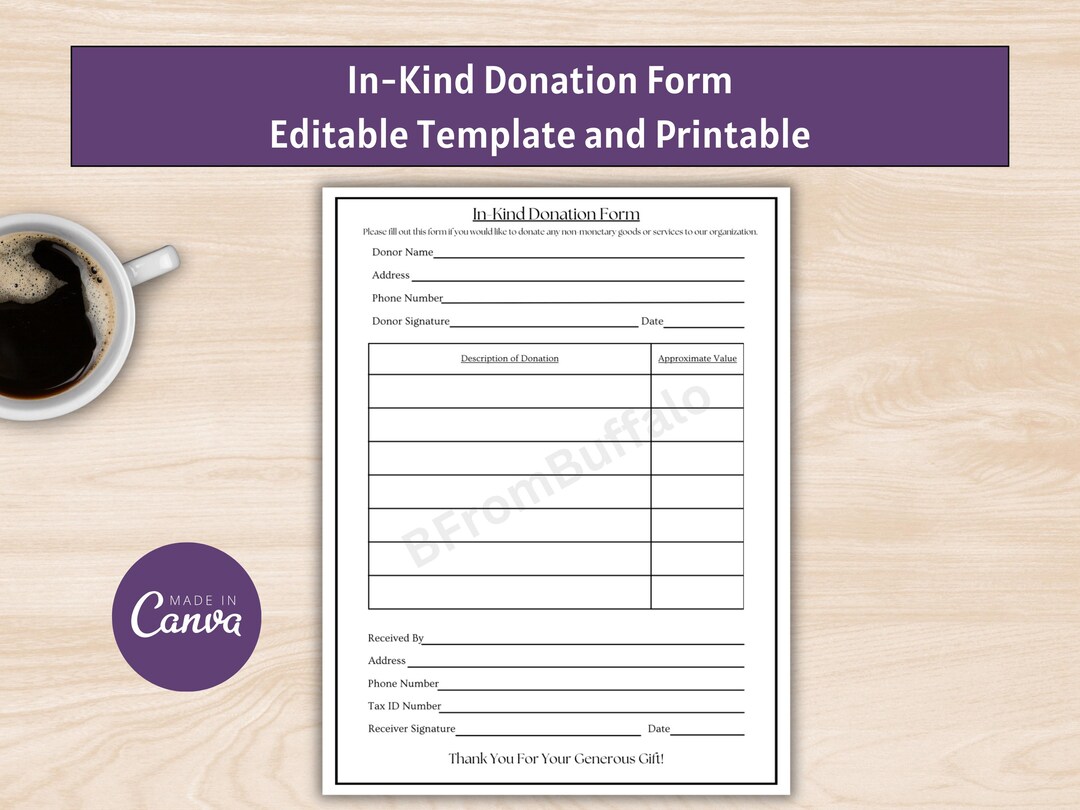 In Kind Donation Form Template: Customizable Receipt (digital Download ...
