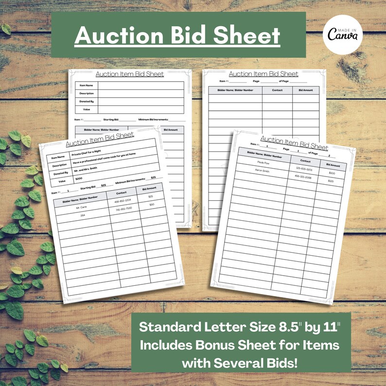 Silent Auction Bundle: Bid Sheet, Item Tracker, Tags (canva Template ...