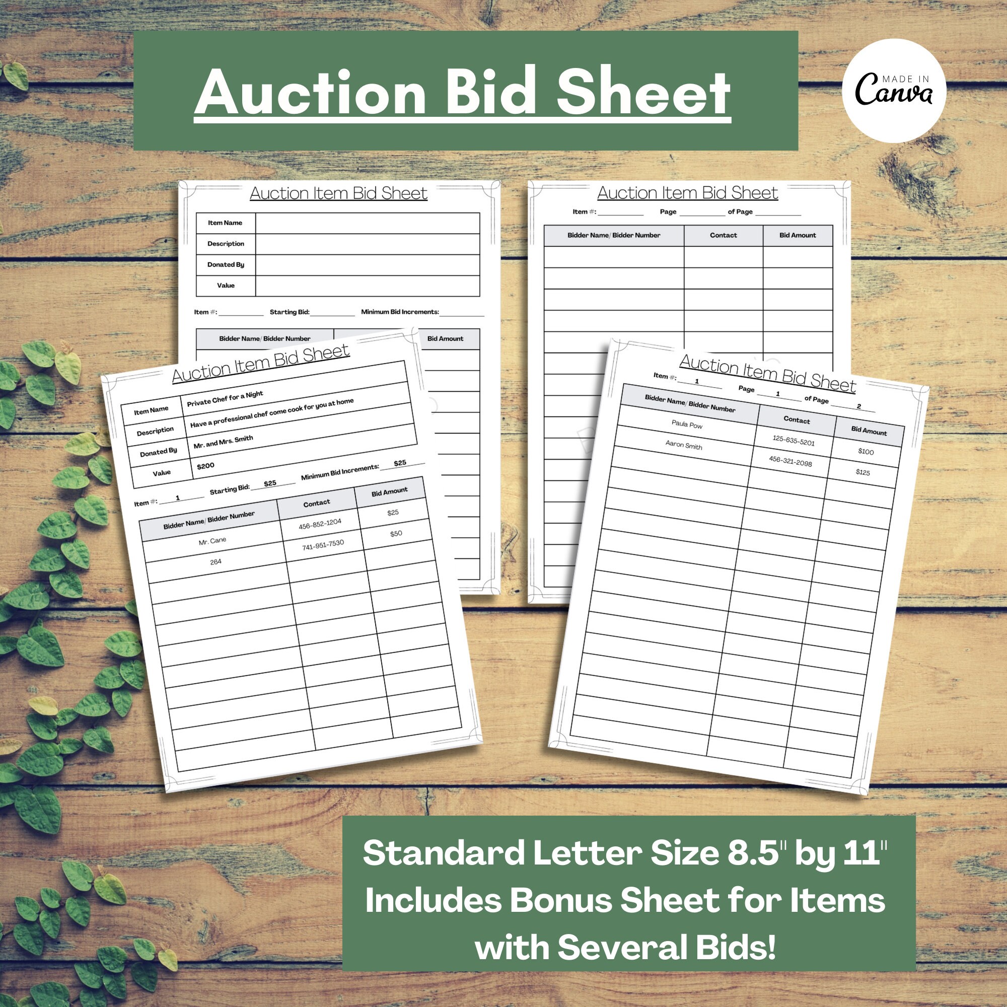 Silent Auction Bundle: Bid Sheet, Item Tracker, Tags (canva Template ...