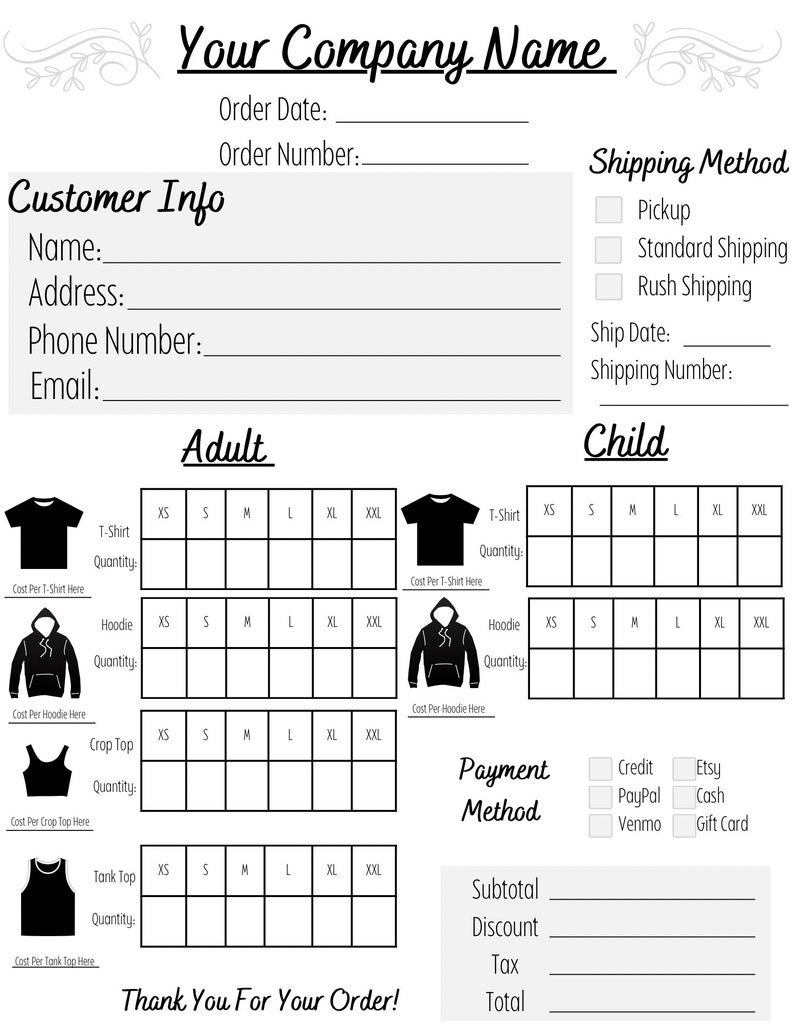 T-shirt Order Form Template: Custom Apparel, Fundraiser Invoice ...