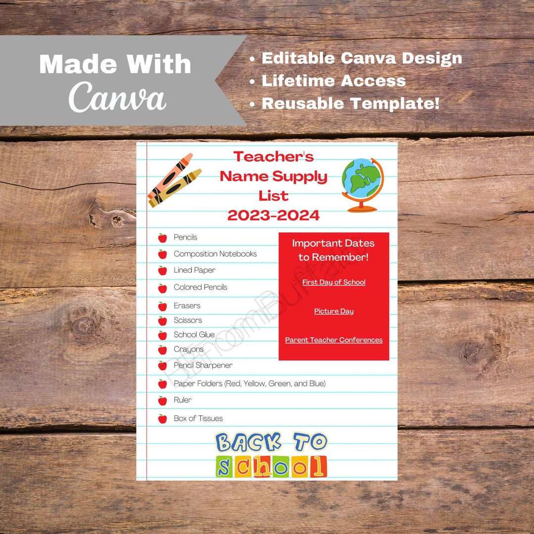 Editable School Supply List, Back to School Checklist, School Supply ...