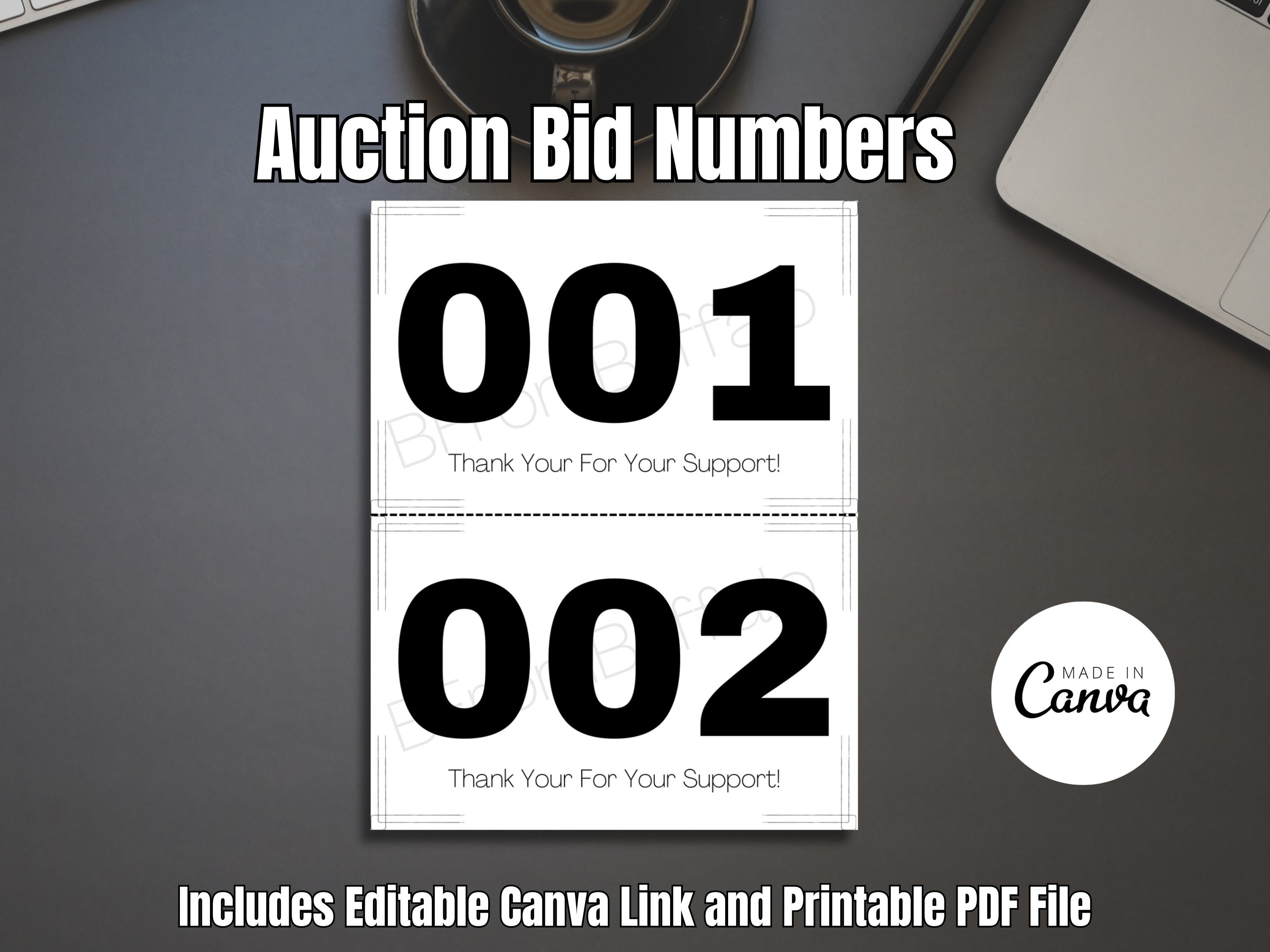 Auction Bidder Paddle Template: Editable Canva, Printable Numbers (PDF ...