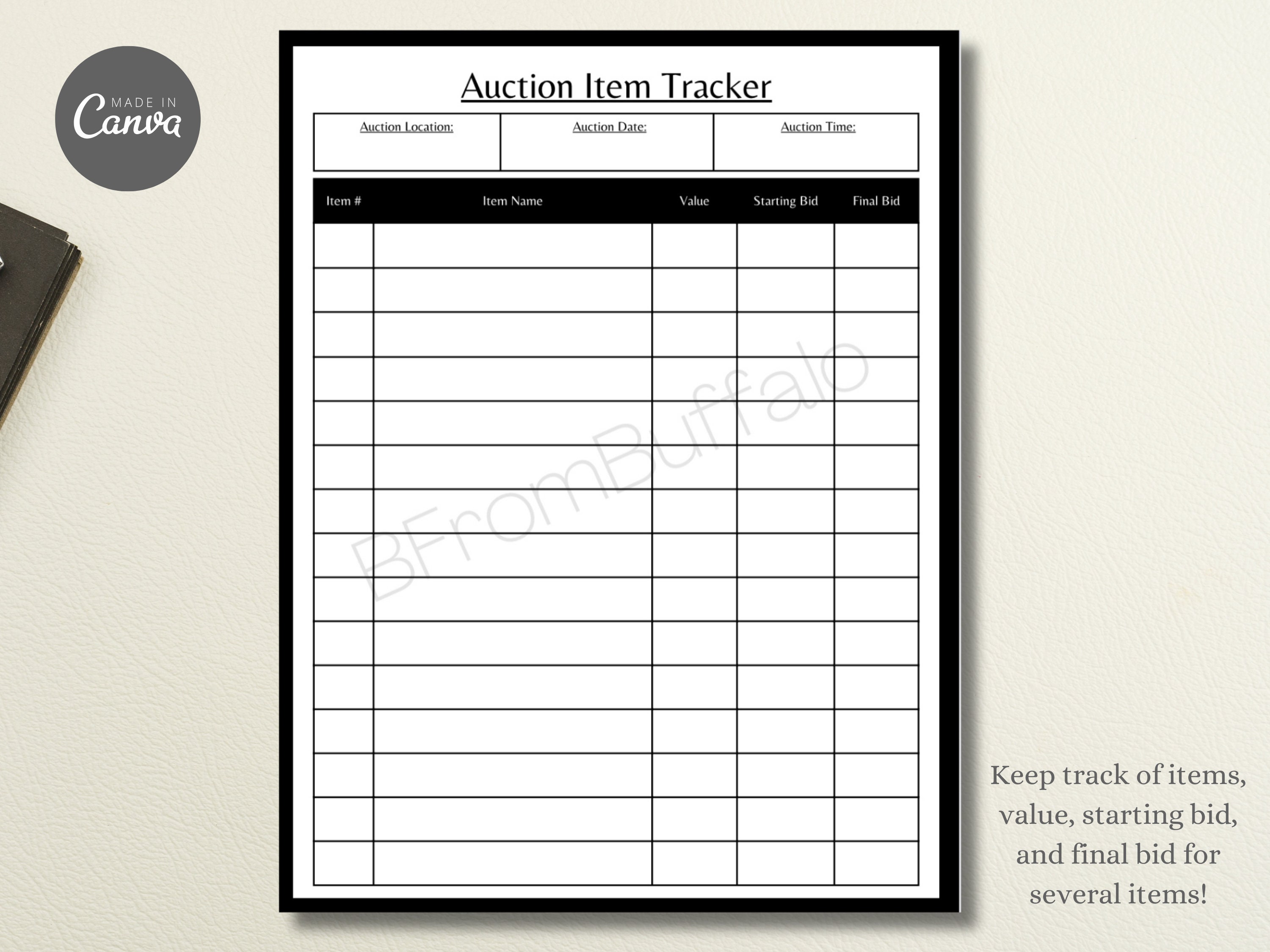 Auction Item Tracker, Auction Template, Auction Sheet, Auction Supplies ...